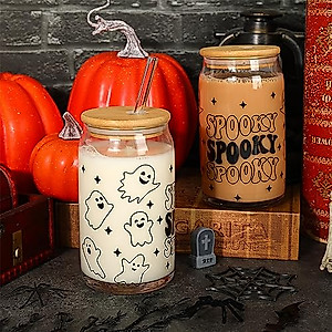 Whaline 2 Pack Halloween Glasses Cups Spooky Ghost Drinking Glasses 16oz Cute Halloween Ice Coffee Cup with Bamboo Lid and Straw Holiday Beer Glass Can for Cocktail Whiskey Beer Soda Decor Gifts