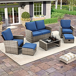 GYUTEI 6 Piece Patio Furniture Set Clearance, Outdoor Sectional Conversation Rattan Sofa Set with Ottoman and Outdoor Storage Table for Garden, Porch, Backyard (Navy Blue)