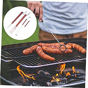 GANAZONO 3 Pcs Three Piece Barbecue Set Stainless Steel BBQ Tools Barbecue Roasting Sticks Grilling Barbeque Food Tongs BBQ Spatula Outdoor Accessories Grill Utensils Fork Wooden Major