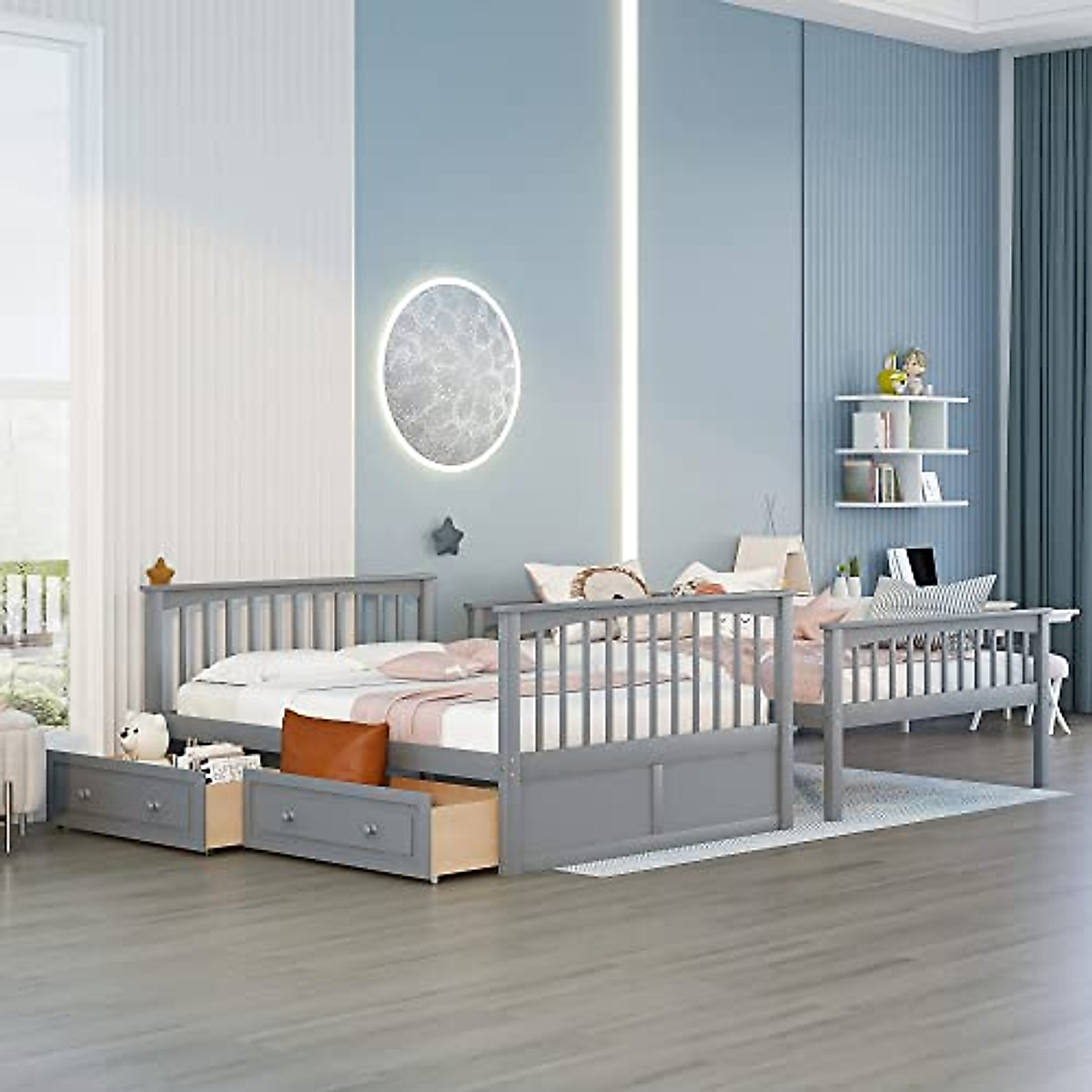 Full Over Full Bunk Bed with 2 Storage Drawers, Wooden Bunk Bed Frame with Guardrails and Ladders for Kids Teens Adults, Can be Convertible into 2 Beds (Bunk Beds Full Over Full, Gray)