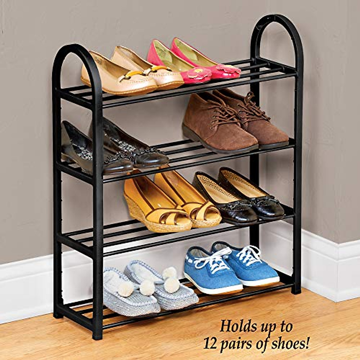 Collections Etc Black 4-Tier Metal Shoe Rack is Perfect Inside a Closet or in an Entryway to Control Clutter - Holds 12 Pairs