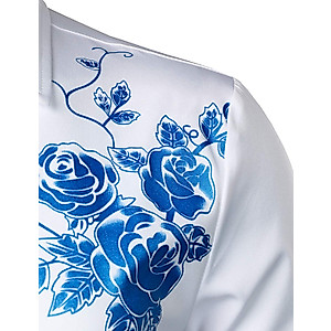 ZEROYAA Men's Hipster Rose Floral Printed Slim Fit Long Sleeve Button Up Party Dress Shirts ZZCL63 White Royal X Large