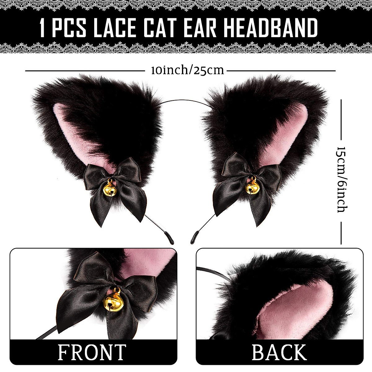 Whaline Black Cat Ear Headband with Bell Heart Chocker Necklace Girl Plush Furry Cat Ear Hair Band for Girl Women Adult Cosplay Party Fancy Dress Halloween Drama, 2Pcs