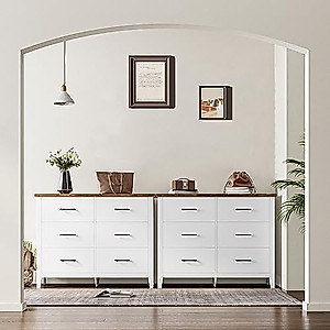 HOSTACK 6 Drawer Double Dresser, White Dresser, Wide Chest of Drawers, Wood Storage Dresser Chest Organizers for Living Room, Entryway, Hallway, White/Rustic