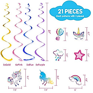 Unicorn Hanging Swirls - 21PCS Rainbow Unicorn Birthday Decorations Ceiling Streamers for Girls Birthday Party Supplies Unicorn Theme Hanging Decor