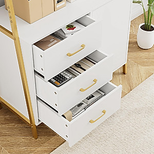 HITHOS 69" Tall Bookshelf, White Gold 4-Tier Bookcase with Wooden Drawers and Ladder Shelves, Free Standing Storage Cabinet Kitchen Bakers Rack with Microwave Oven Stand for Home Office