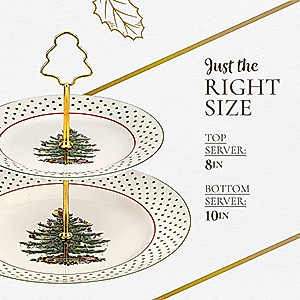Spode - Christmas Tree Collection, 2-Tiered Tray, for Serving Food, Cake, and Desserts, Server Tier Measures at 8" and 10", Polka Dot Motif with Gold Handle, Dishwasher Safe