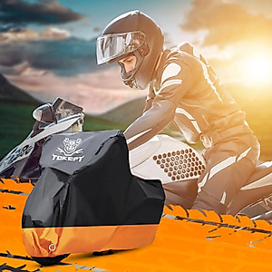 Tokept Motorcycle Cover, All-Season Waterproof Outdoor Sun Protection Fit up to 91 Inch Harley-Davidson Honda Suzuki Kawasaki Yamaha (L Black&Orange)