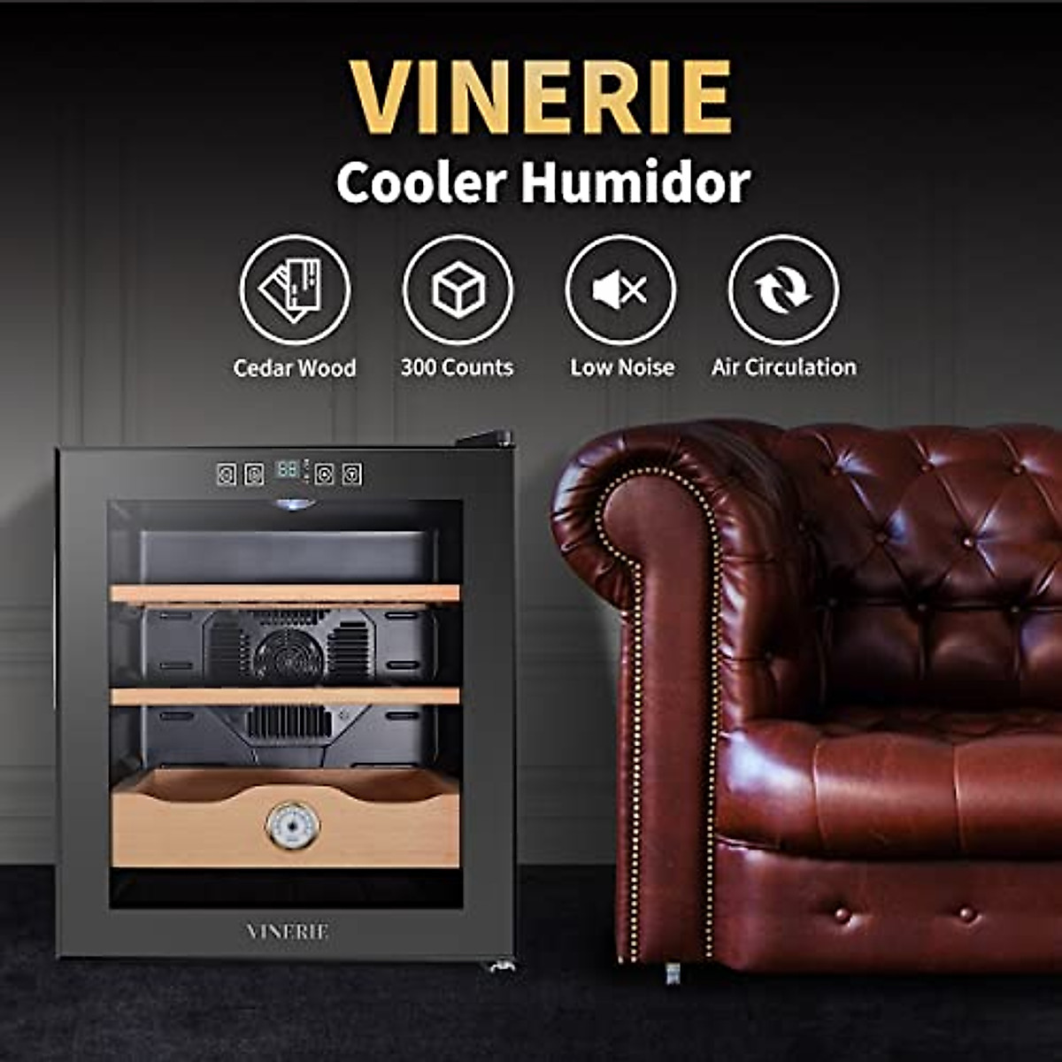 VINERIE Cigar Humidor 50L with Temperature Control System, Cooler for 300 Counts with Digital Hygrometer, Spanish Cedar Lined Great Gift for Father