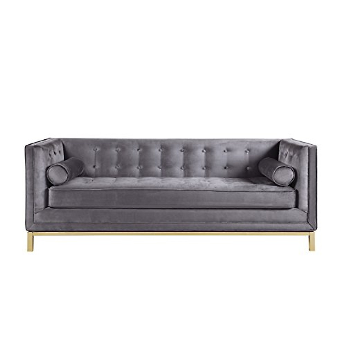 Iconic Home Dafna Club Sofa Sleek Elegant Tufted Velvet Plush Cushion Brass Finished Stainless Steel Brushed Metal Frame Couch, Modern Contemporary, Grey
