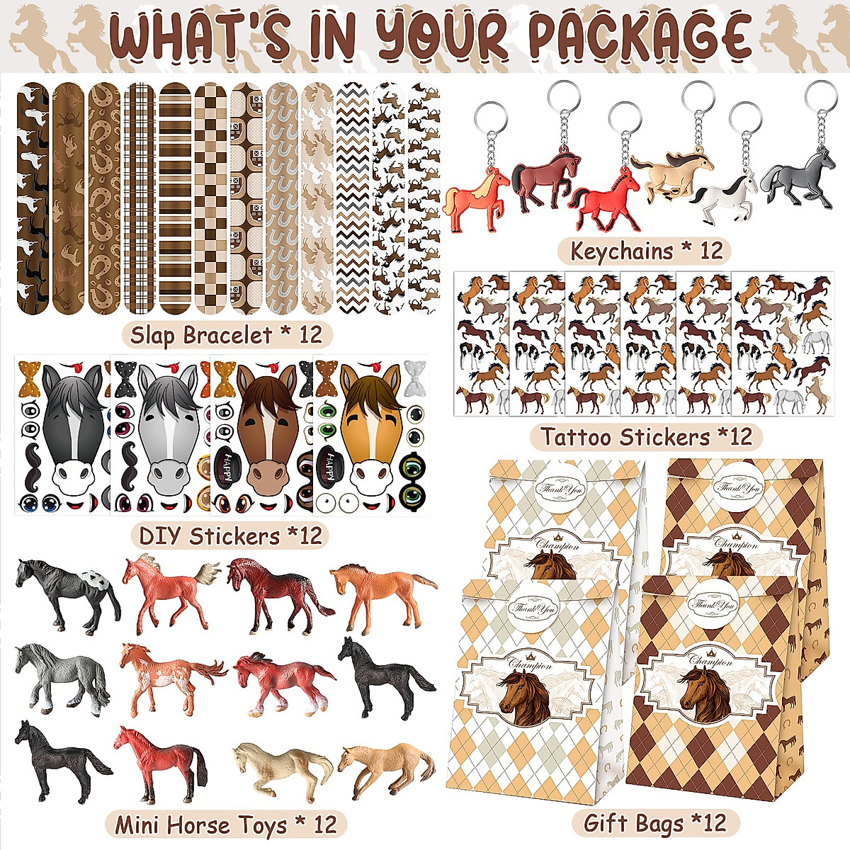 Erweicet Horse Party Favors 72 PCS Slap Bracelets Temporary Tattoos DIY Stickers Keychains Mini Horse Plastic Toys Gift Bags for Cowboys Western Animal Theme Birthday Party Baby Shower