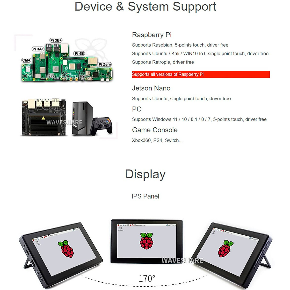 waveshare 7" IPS Display LCD Capacitive Touch Screen Monitor 1024x600 Resolution HDMI/VGA Port, for Raspberry Pi 4B/3B+/3B/2B/A+/Zero W/WH/Jetson Nano/Banana Pi/Windows 10/8.1/8/7