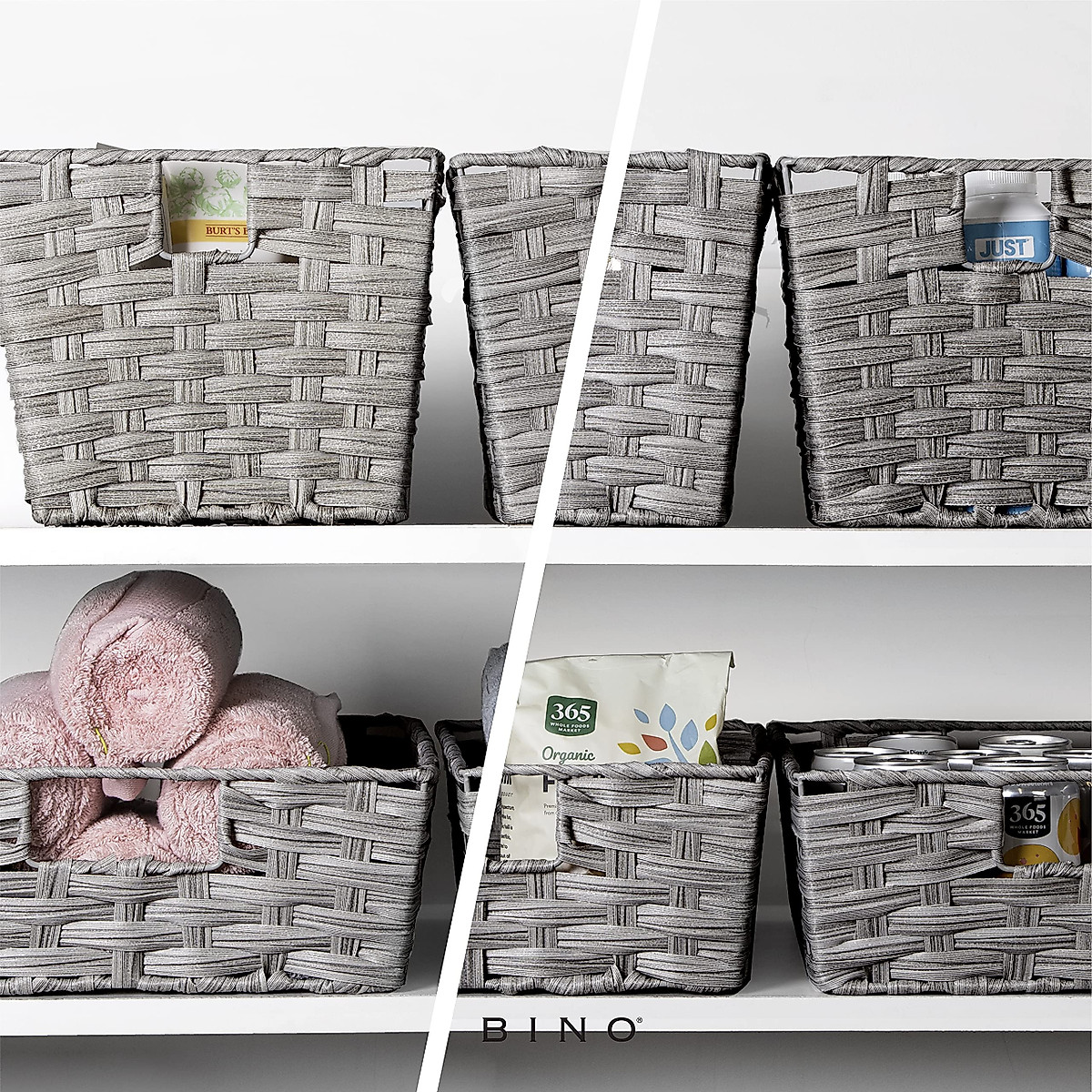 BINO 2 Pack Woven Resin Basket Organizer - Shelf Organizer with Built-in Carry Handles, Large - Light Grey