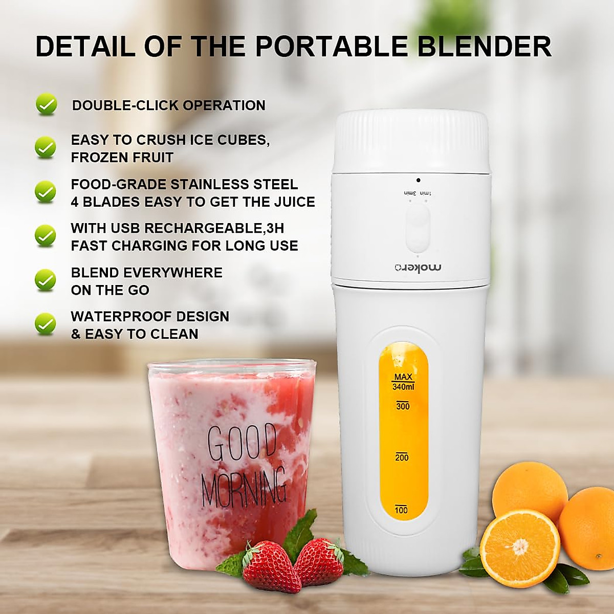 NDMUS 3 in 1 Portable Blender 12oz Juicer Machine with USB Type-C Rechargeable Multifunctional Juice Cup for Shakes and Smoothies, White, 90x170x230mm (MN550A)