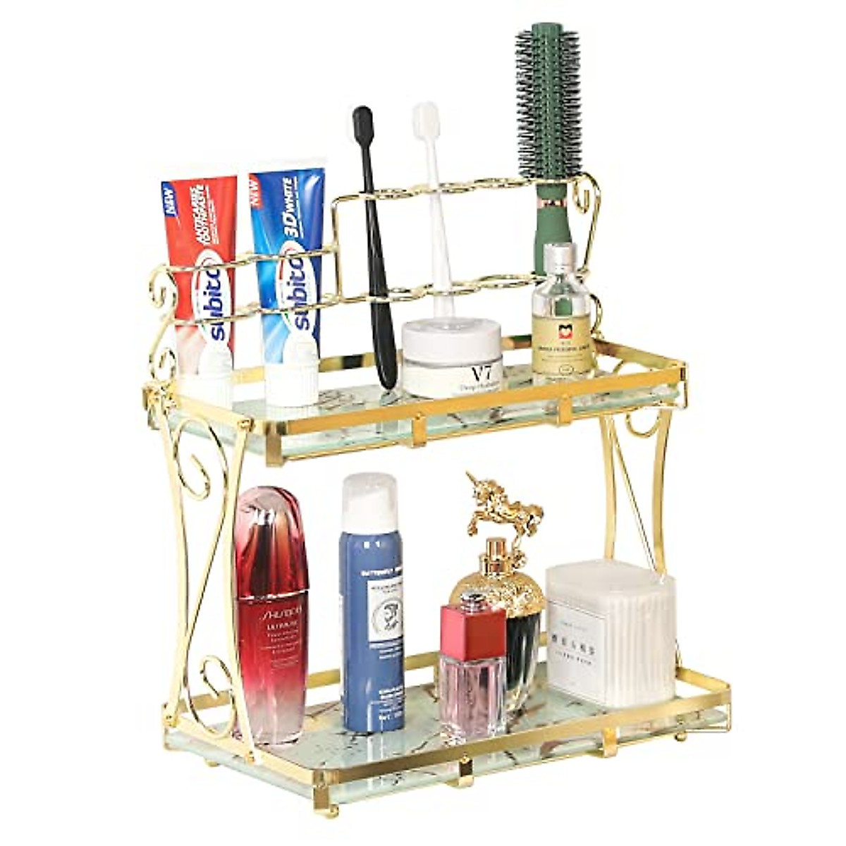 Bathroom Organizer Countertop with Toothbrush Holders, 2 Tier Bathroom Vanity Organizer Makeup Shelf Removable Marble Glass Tier Tray for Dresser,Bedroom, Living Room Gold