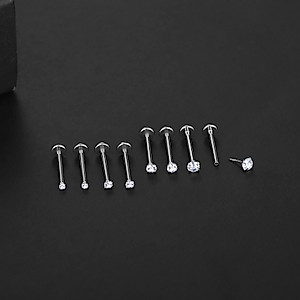 Oveta 8PCS Threadless Tragus Earrings 16G Labret Jewelry CZ Lip Ring Studs Stainless Steel Cartilage Earrings for Women Monroe Medusa Piercing Jewelry 1/2'' Long Bar