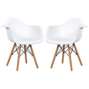 Safstar Mid Century Modern Dinning Chair Set of 2, 2 Pieces DSW Side Chair w/Beech Wood Legs & Curved Seat Supports, Accent Plastic Shell Chair Set for Kitchen, Dining, Bedroom, Living Room (2, White)