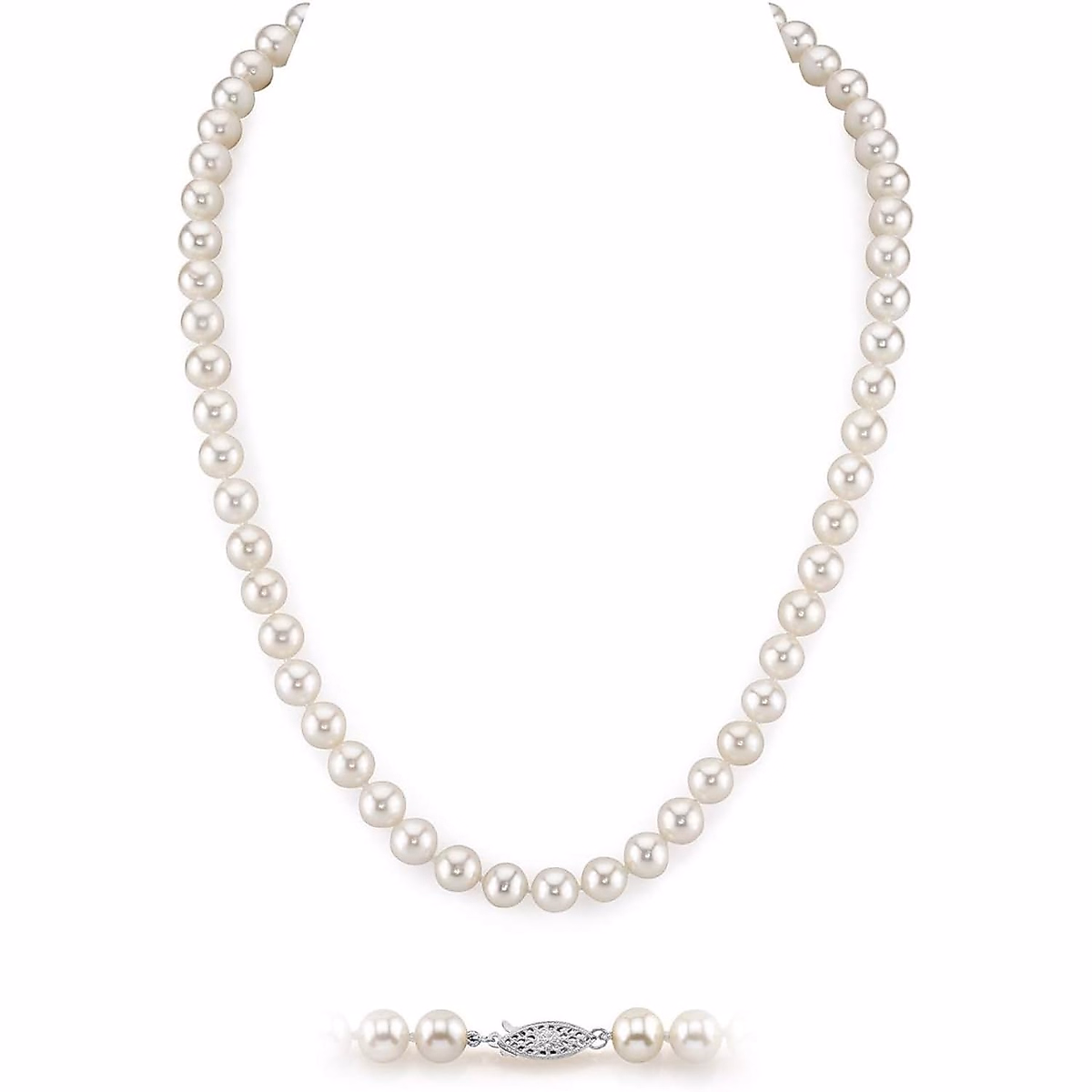 The Pearl Source Real Pearl Necklace for Women with AAA+ Quality Round White Freshwater Genuine Cultured Pearls | 18-inch Pearl Strand with 14K Gold Plated Sterling Silver Clasp