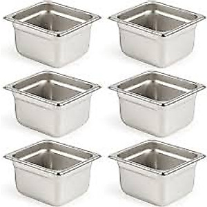 RJB Restaurant Supply 1/6 Hotel Pan 4 inches Deep - 6 Pack NSF 18/8 Stainless Steel Steam Table Pan, Chafing Dish Food Storage Pan (4" (100mm), 1/6 Sixth Pan)