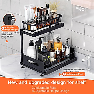 2 Packs Under Sink Organizer, 2 Tier Under Sink Organizers and Storage,Slide Out Pull Out Kitchen Cabinet Organizer,Sliding Drawer Metal Height Adjustable Shelf for Bathroom Organization Rack