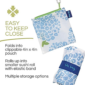 rockflowerpaper Reusable Grocery Bags for Shopping - Blue Hydrangea Pattern Blu Bag - Machine Washable, Foldable, Packable Tote - Large Handles - Heavy Duty and Lightweight - Zippered Top Pouch