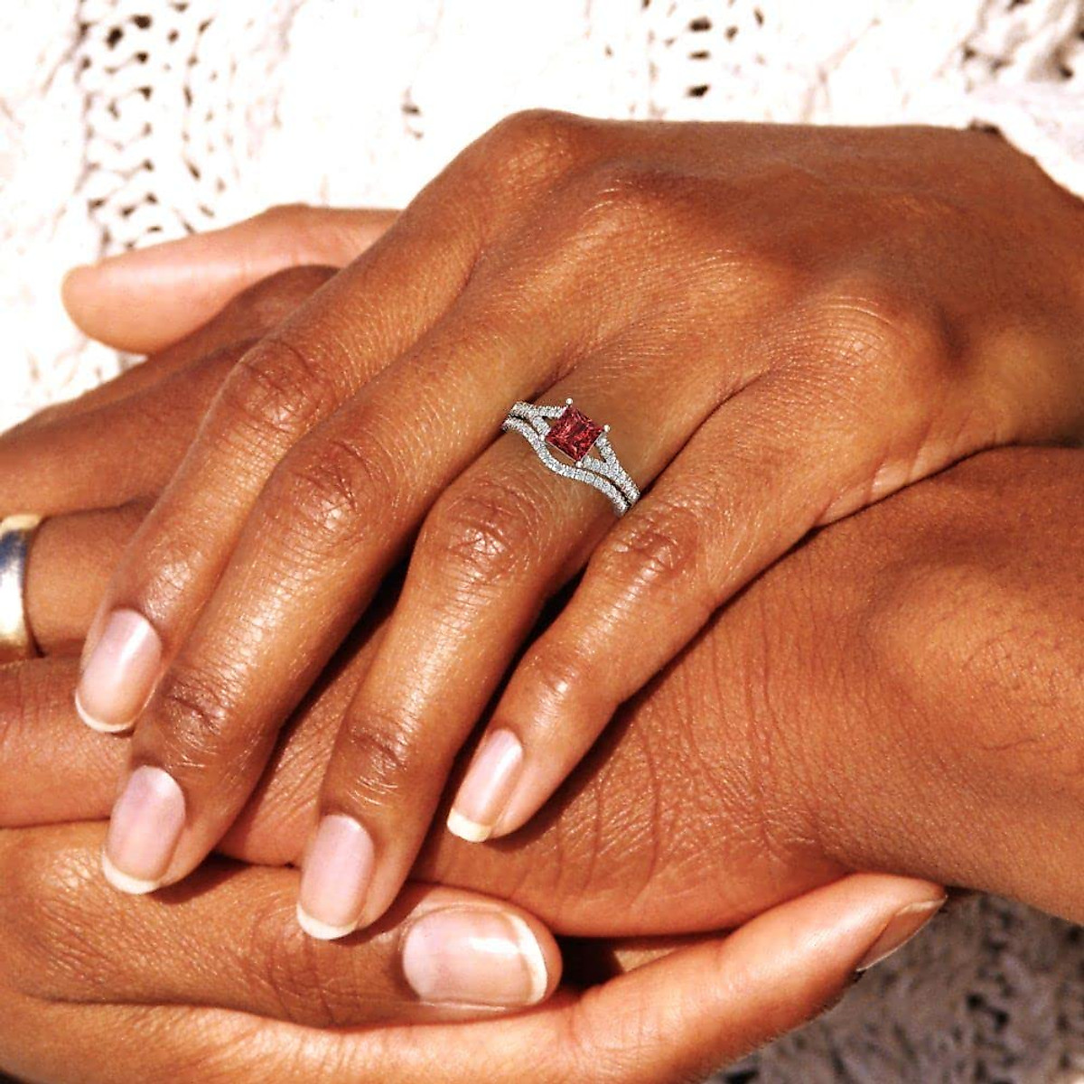 Clara Pucci 2.11 ct Princess Cut Solitaire Natural Red Garnet Designer Art Deco Statement Wedding Curved Ring Band Set 18K White Gold 3.5