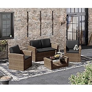LHBcraft 4PCS Patio Furniture Set, Outdoor Conversation Sets with Rattan Chair Table, Wicker Loveseat Sofa Bistro for Garden, Pool, Backyard
