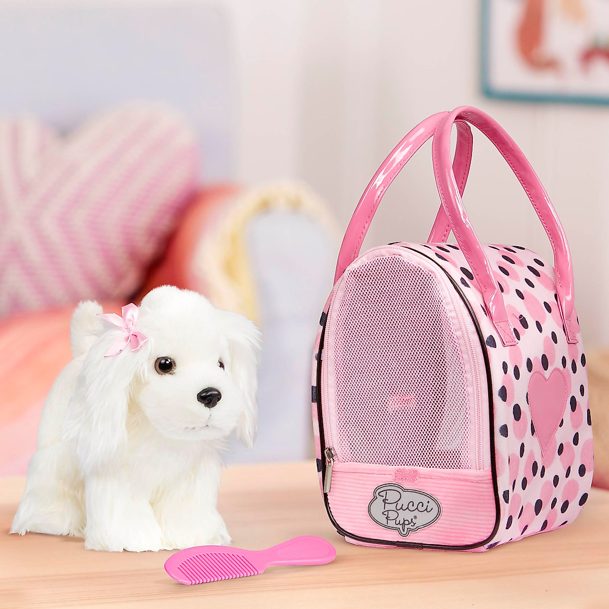 Pucci Pups - Pink Polka Dot Glam Bag with Maltese Pup – Plush Toy Dog with Carrying Dog Bag – Plush Dog for Kids Aged 3 and Up, 8 inches