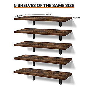upsimples Floating Shelves for Wall Decor Storage, Wall Mounted Shelves Set of 5, Sturdy Small Wood Shelves with Metal Brackets Hanging for Bedroom, Living Room, Bathroom, Kitchen, Book, Dark Brown