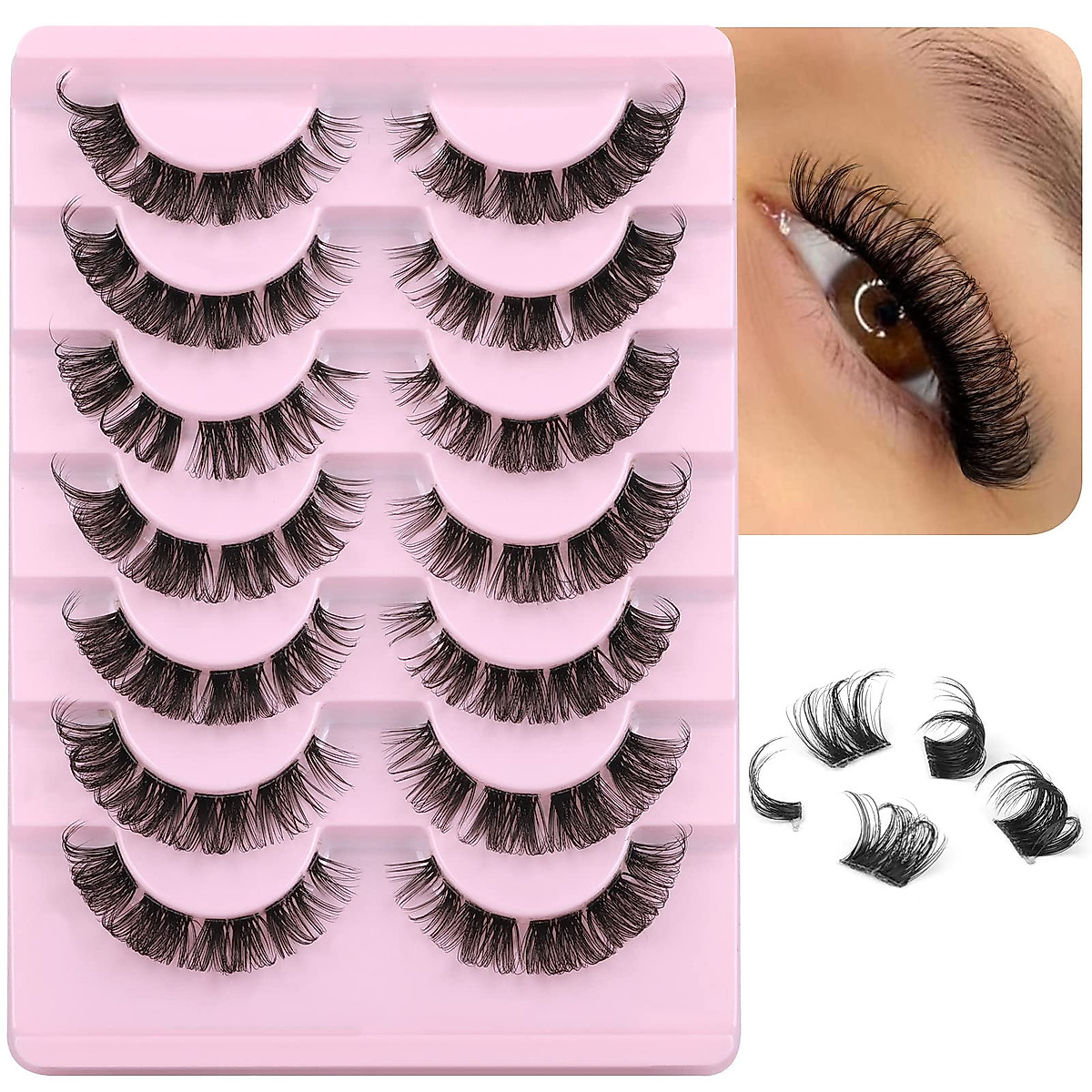 D Curl Clusters Lashes Natural Russian Strip Eyelashes Extensions Fluffy Wispy Faux Mink Lashes Extension Individual DIY Lash Pack 7 Pairs (70 Clusters Eye Lashes)