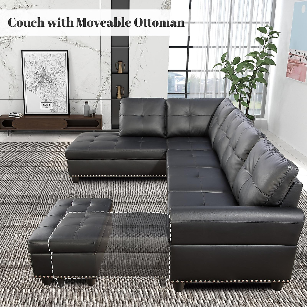 Rovibek Leather L Shaped Sectional Couch with Ottoman and Pillows, 2 Cup Holders Design Living Room Furniture Sets for Apartment, Office