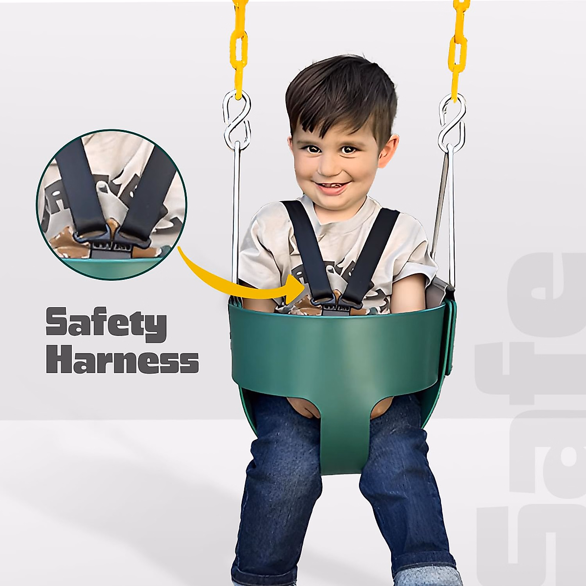 Toddler Bucket Swing Seat - Patent Pending & Exclusive Safety Harness - High Back Full Bucket Toddler Swing Seat w/Heavy-Duty Plastic-Coated Chains - Safari Products USA