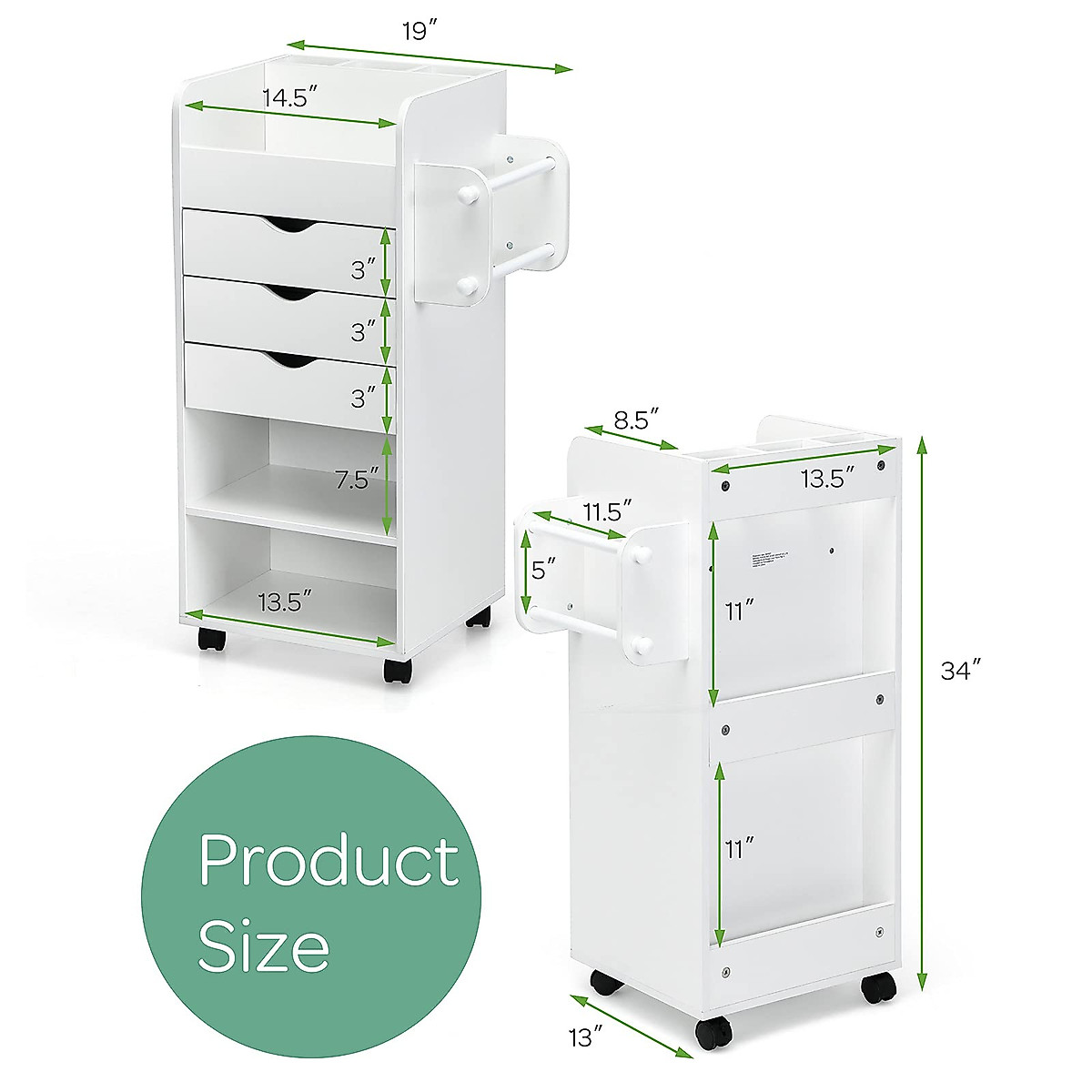 Tangkula Rolling Storage Drawer Cart, Wooden Utility Cart w/ 3 Drawers, 3 Shelves, 3 Slots and 2 Dowels, Organizer Cabinet w/Lockable Casters, Mobile Cart for Study, Living Room, Office, White