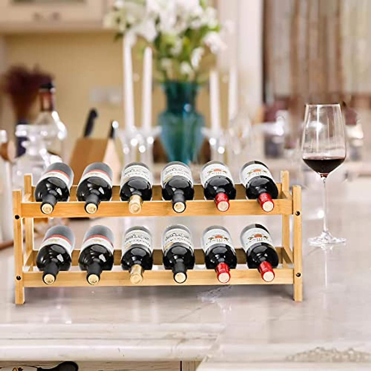 Nicunom Wine Rack Countertop, 2-Tier 12 Bottles Bamboo Wine Storage Rack, Wine Bottle Holder, Wine Display Shelf, Free Standing Wine Storage for Home, Pantry, Cabinet and Bar