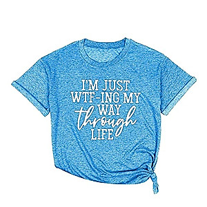 JDHUFEI Women's Crewneck Shirts Summer Plus Size Crewneck Tops Cute Letter Print Short Sleeve Blouse Casual Clothes