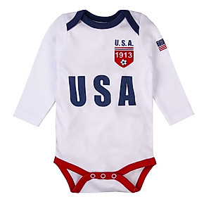 BKD Newborn Baby Boy Girls Clothes Unique Soccer Onesie Bodysuit US Soccer Baby Outfit L&S Sleeve Soccer Infant Creeper (USA-WBL, 6-12 Months)