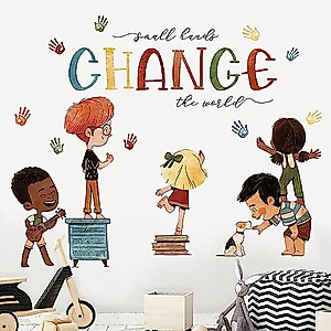 Yovkky Equality Wall Decals Stickers, Small Hands Change The World Inspirational Diversity Inclusion Handprints Neutral Nursery Toddler Classroom Decor, Kids Room Home Decorations Bedroom Daycare Art