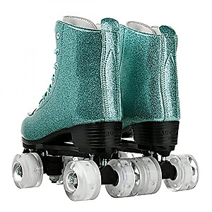 Comeon Roller Skates for Women PU Leather Roller Skates High-Top Leather for Beginners Teens for Woman,Girls and Boys,Adult (Green crystal,flash wheel,250/uk5.5/eur38)