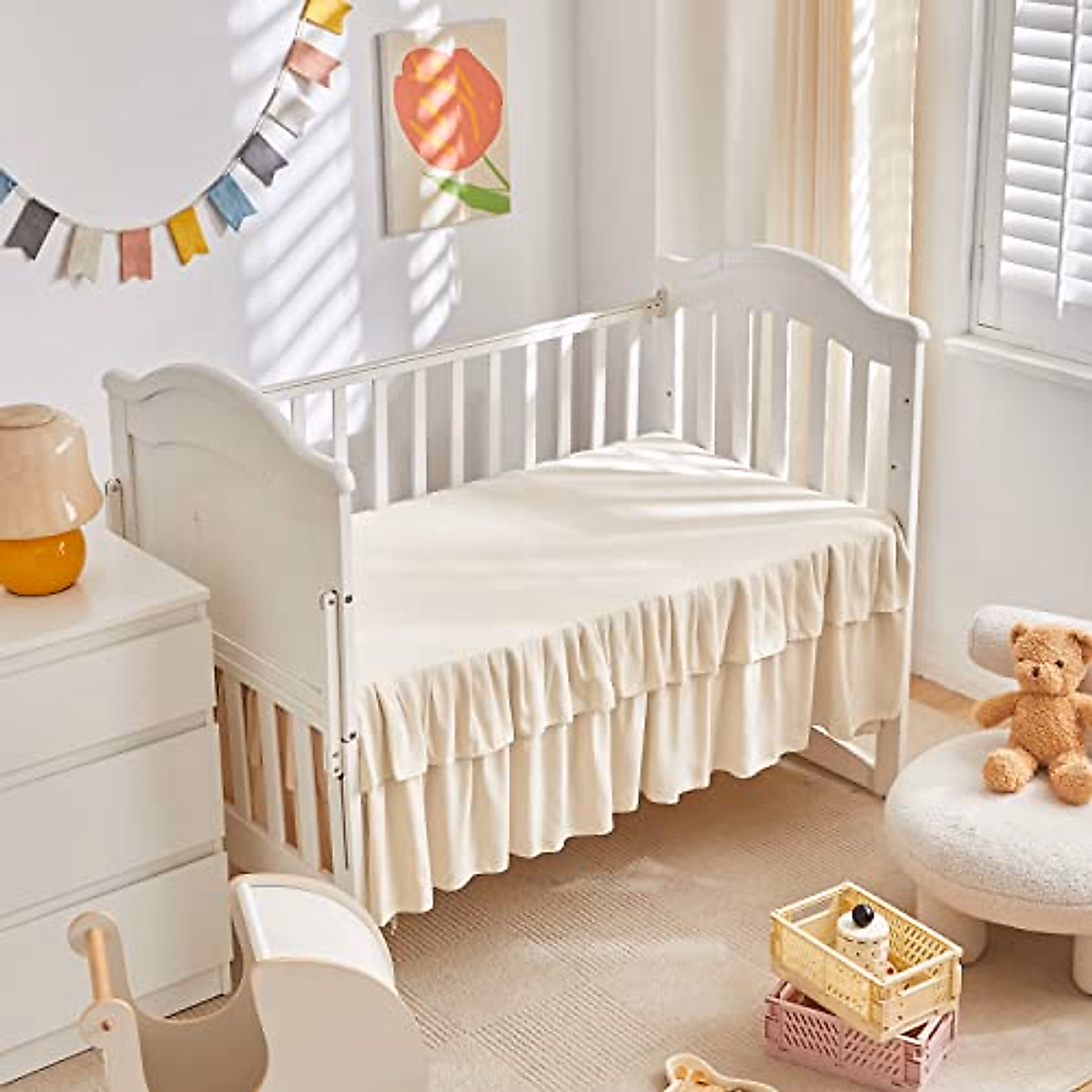 Tufted Ruffle Crib Bedding Set 3 Pieces Baby Boho Quilted Comforter with Fitted Sheet and Bed Skirt - Cute Ruffled Shabby Chic Baby Bedding Soft Blanket Design Cream White