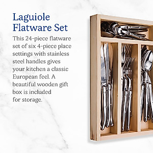 Jean Dubost Laguiole 24-Piece Everyday Flatware Set, Stainless Steel Handles - Rust-Resistant Stainless Steel - Includes Wooden Tray - Made in France