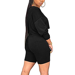 cailami Women's Summer 2 Piece Outfits Workout High Waist Biker Shorts Sets with Pockets, X-Large, Black