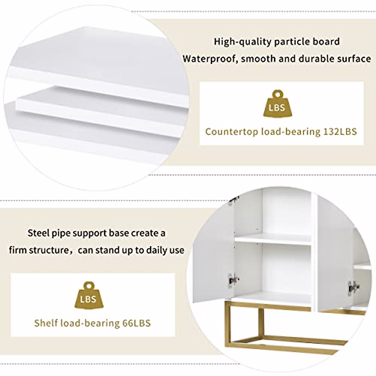 Modern Sideboard Elegant Buffet Cabinet with 4 Doors Storage Cupboard and Display Shelves,Buffet Server Console Table Floor Cabinet with Gold Metal Base for Dining Room/Entryway/Kitchen (White)