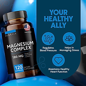 Zenavea - Triple Magnesium Complex Supplement (120 Vegan Capsules) - 180mg of Magnesium Glycinate Taurate and Citrate - Calm Magnesium Complex Supplements