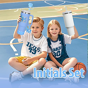 Mity rain Cup Accessories Set for stanley 30 oz 40 oz tumbler with handle, Including Initials Charms, Straw Cover Cap, Boot, Sticker, Silicone Spill Proof Stopper,Blue Decorate for Boy Girl (Letter M)