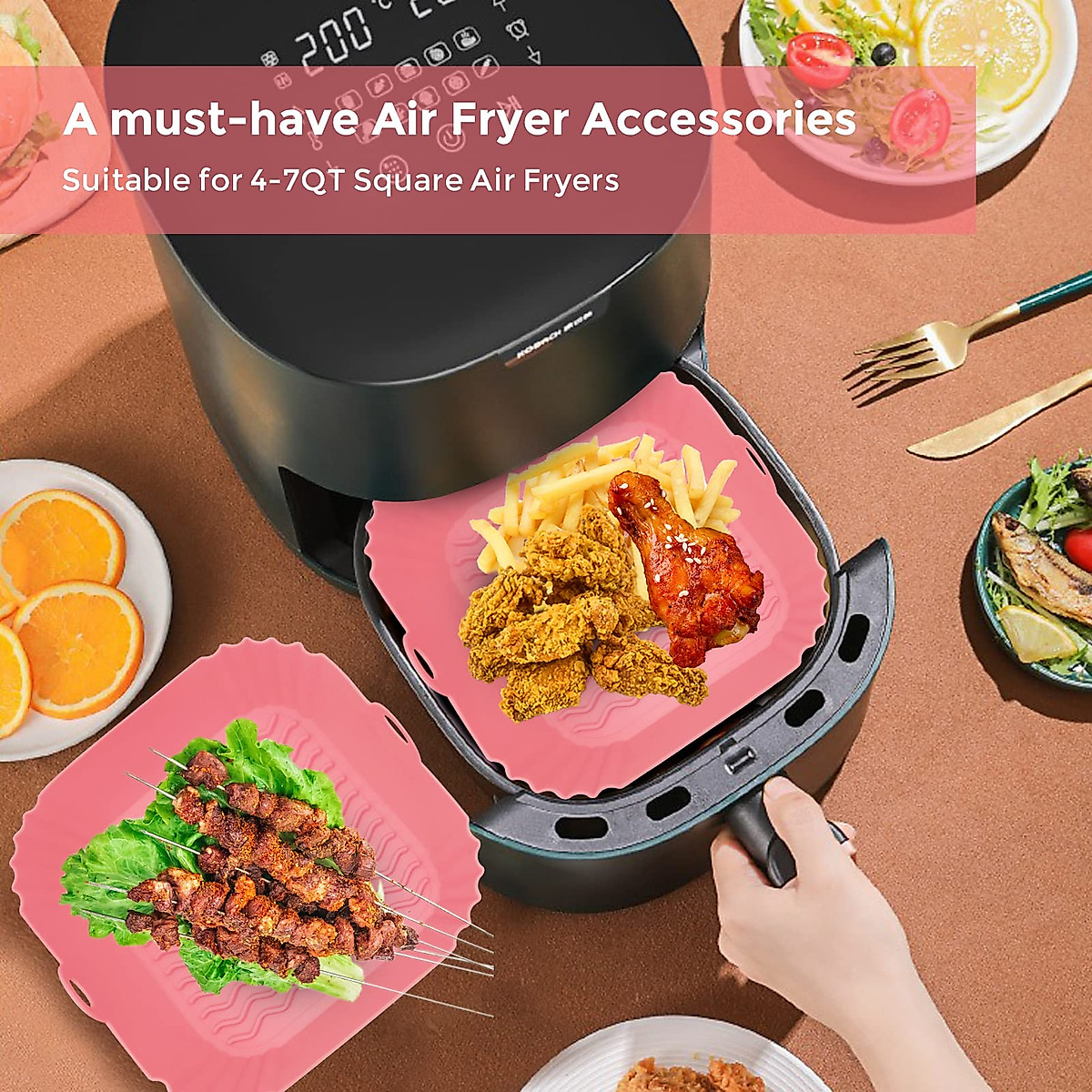 Square Air Fryer Silicone Pot, 8 Inch Reusable Heat Resistant Food Grade Silicone Air fryer Liners Inserts Baskets Bowl Accessories for COSORI Instant Vortex CHEFMAN 4 to 7 QT Air Fryer Oven Microwave