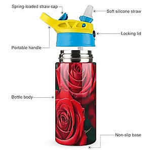 Stainless Steel Water Bottles Many Red Rose Travel Water Cups with Handle And Silicone Straw Drinking Cup with Leak Proof Lid Thermo Travel Mug for Women Men