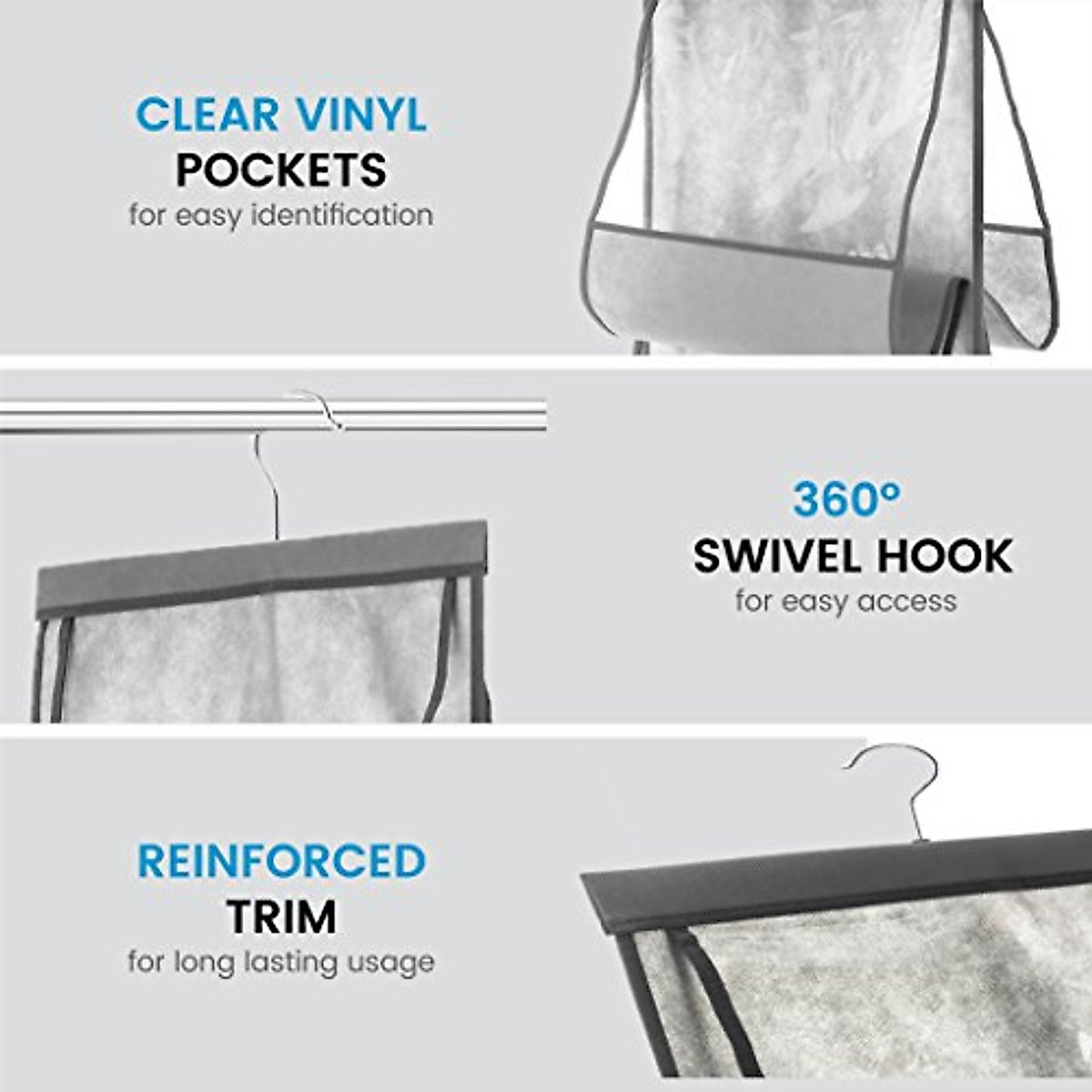 Zober Hanging Purse Organizer For Closet Clear Handbag Organizer For Purses, Handbags Etc. 8 Easy Access Clear Vinyl Pockets With 360 Degree Swivel Hook, Gray, 48” L x 13.8” W