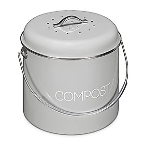 Navaris Metal Compost Caddy Bin - 1.3 Gallon Kitchen Composting Bucket with Charcoal Filter and Lid for Indoor Food Waste Recycling - 5 Litre - Gray