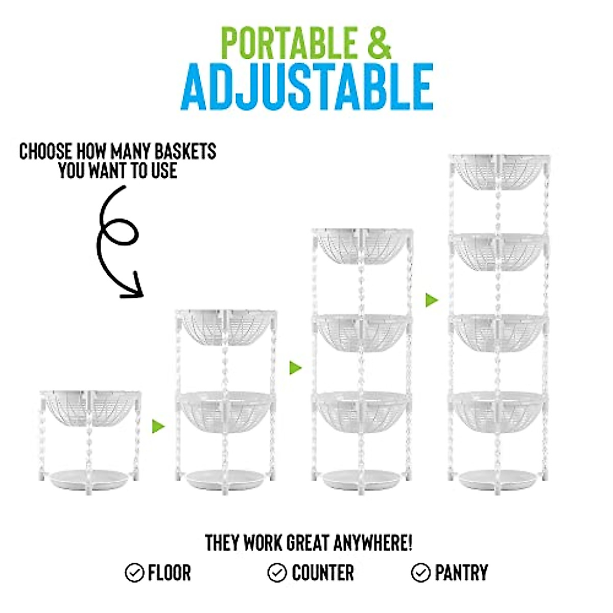 Uncluttered Designs Stacking Basket Bins (3 Tier + Plate) — Display for Fruit, Potato, Onion & Produce — Crafts, Art Supplies & Housewares Organizer — Bedroom & Bathroom Organization & Storage (White)