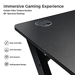 Eureka Ergonomic Gaming Desk 60 inch, Z-Shaped Carbon Fiber Surface Desktop Home Office PC Computer Desk with Mouse Pad, Ergonomic Large Gamer Table with Cup Holder and Headphone Hook for Gaming Room